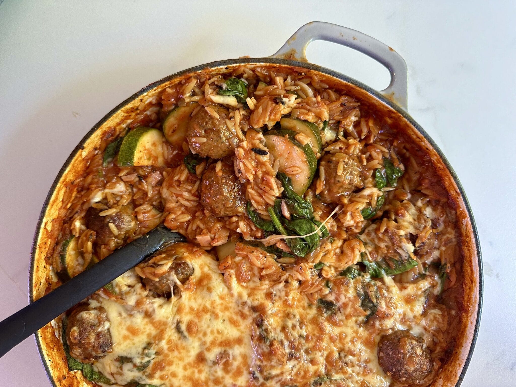 Mediterranean Meatball, Risoni & Mozzarella Bake - Wholesome by Sarah