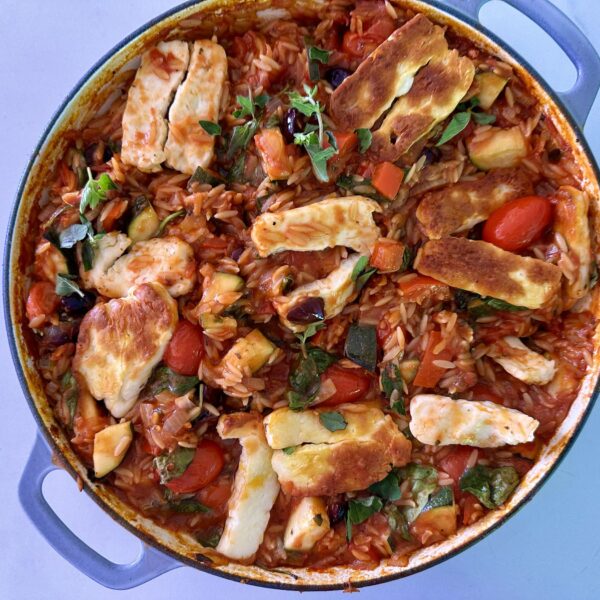 Mediterranean Vegetable, Risoni & Halloumi Bake - Wholesome by Sarah