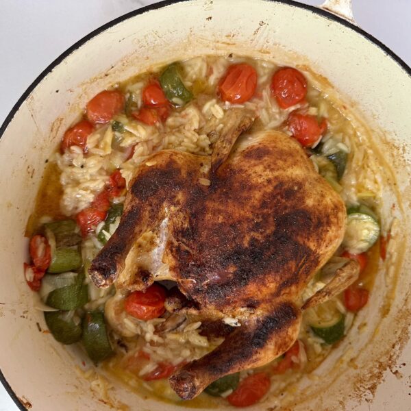 One Pot Roasted Chicken With Creamy Risoni & Veggies - Wholesome by Sarah