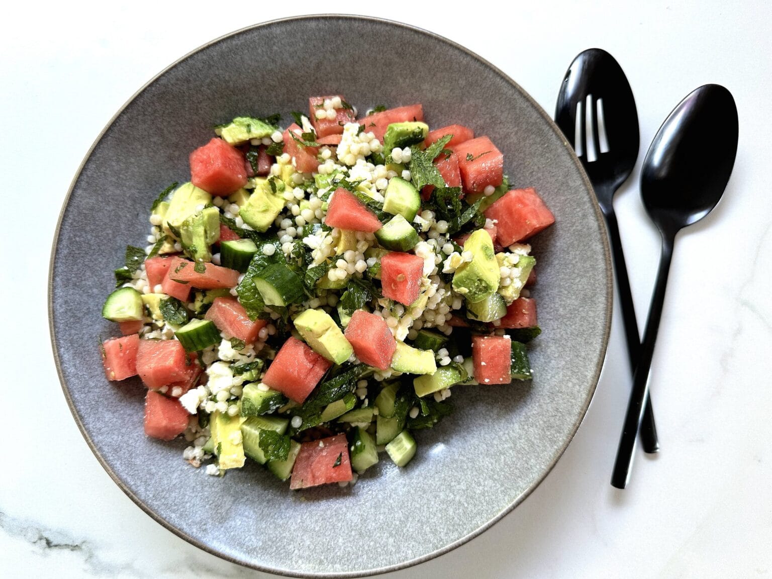 Watermelon, Pearl Cous Cous, Feta & Mint Salad - Wholesome by Sarah