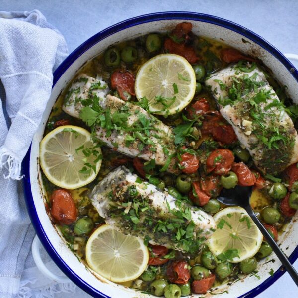 One Pan Fish With Cherry Tomatoes & Sicilian Olives - Wholesome by Sarah