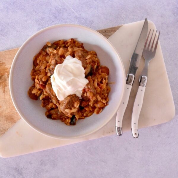 Greek Lamb, Tomato & Risoni Bake - Wholesome by Sarah