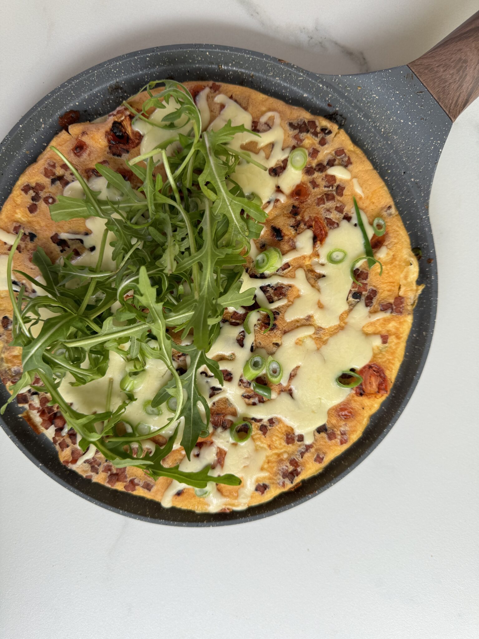 Bacon, Cherry Tomato & Cheese Egg Flip - Wholesome by Sarah