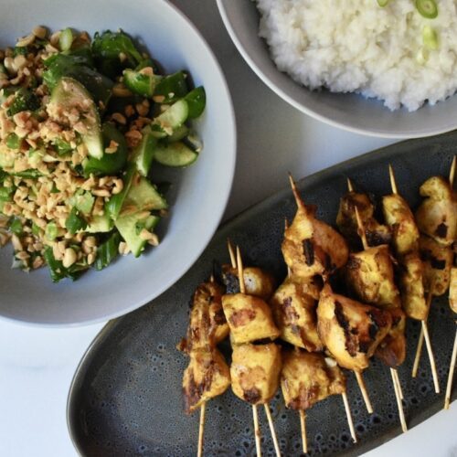 Satay Chicken Bowls With Cucumber Salad & Coconut Rice - Wholesome by Sarah